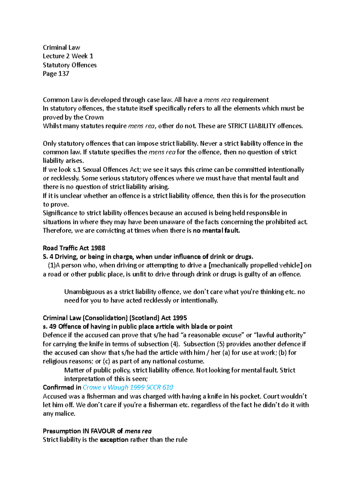 Week 1 Lecture 2 - Statutory Offences - Criminal Law Lecture 2 Week 1 ...
