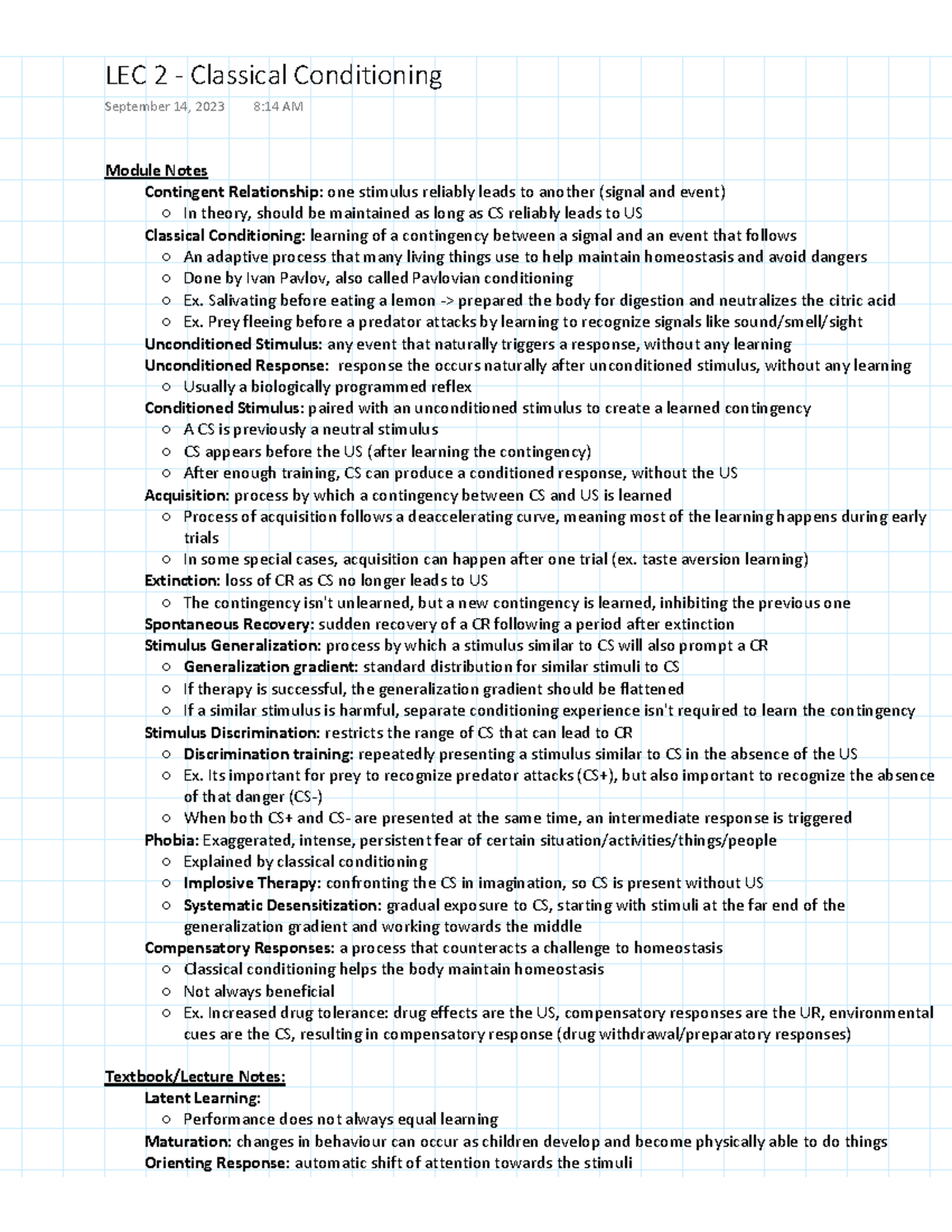 PSYCH 1X03 Classical Conditioning Notes - Module Notes Contingent ...