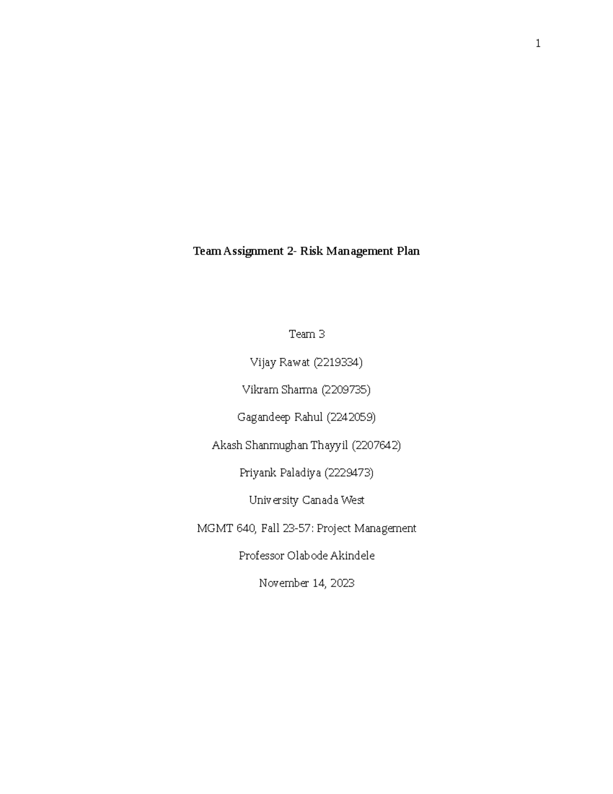 Risk Management Plan Project Management Team 3.docx - Team Assignment 2- Risk Management Plan ...