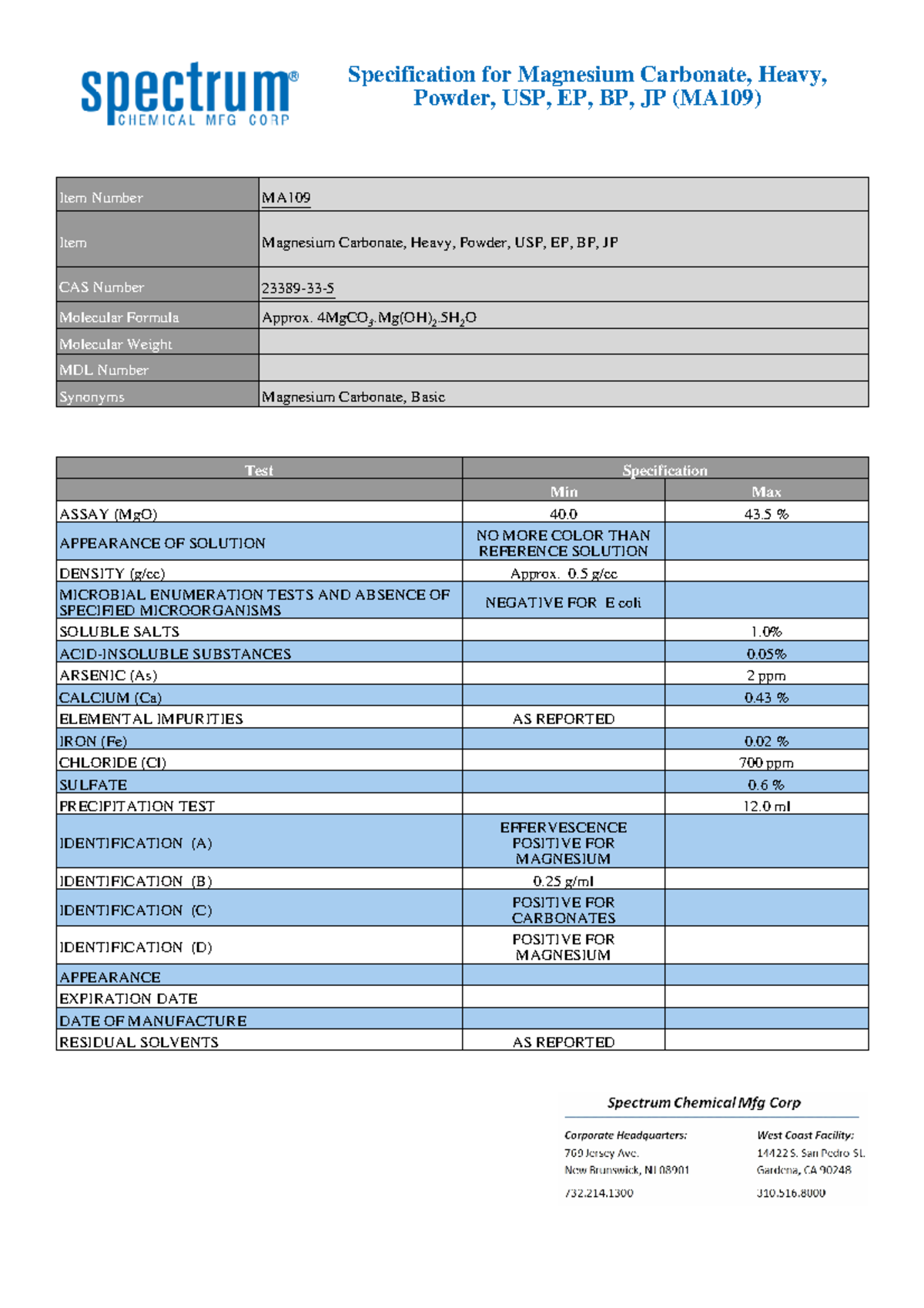 Product Specification for Pharmacy - Specification for Magnesium ...