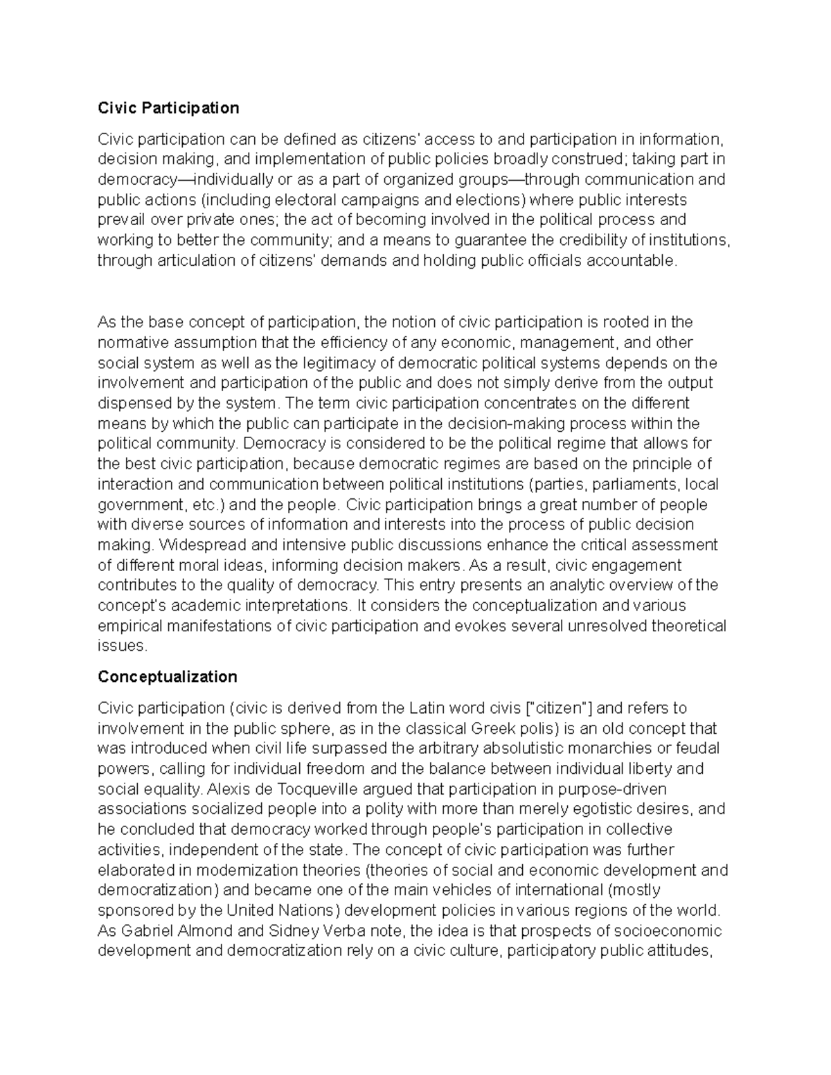 Civic Participation - Civic Participation Civic participation can be ...