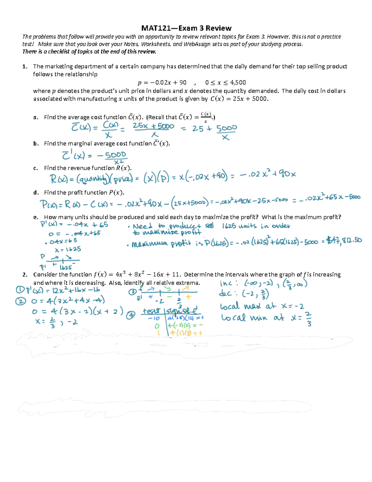MATH 121 (Exam 3 Review) - MAT 121 - NAU - Studocu
