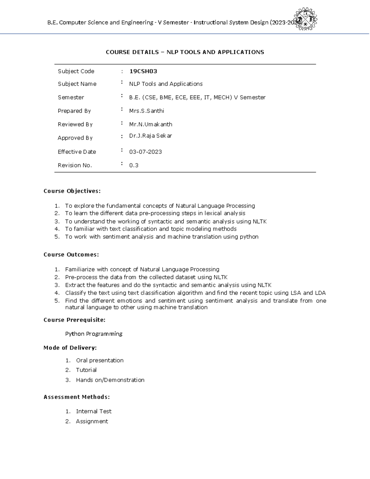 NLP tools and applications - B. Computer Science and Engineering - V Semester - Instructional ...