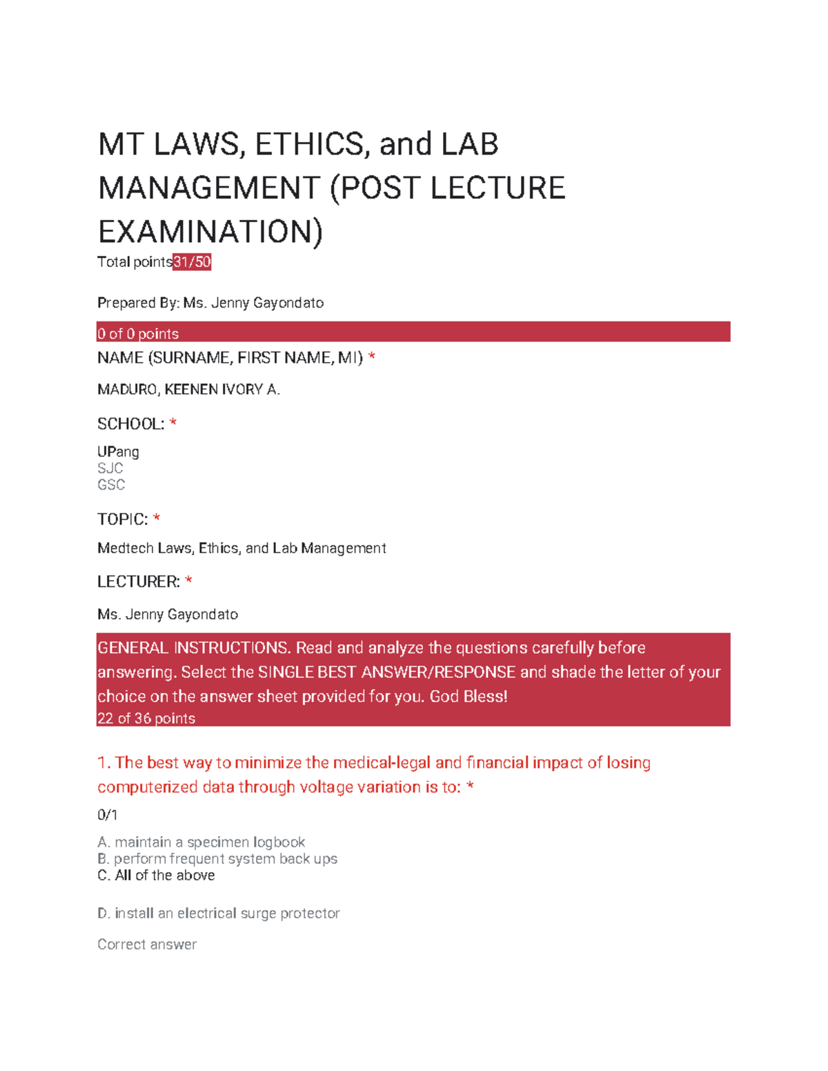 TOP RANK MT LAWS - helpful - MT LAWS, ETHICS, and LAB MANAGEMENT (POST LECTURE EXAMINATION ...