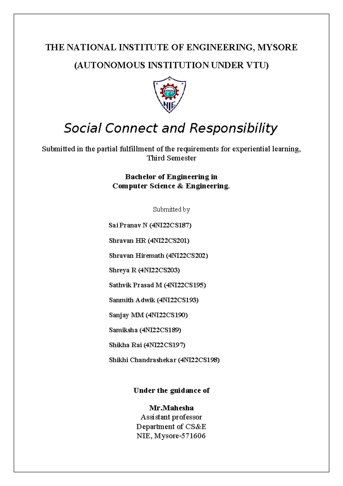 Scr report - THE NATIONAL INSTITUTE OF ENGINEERING, MYSORE (AUTONOMOUS ...