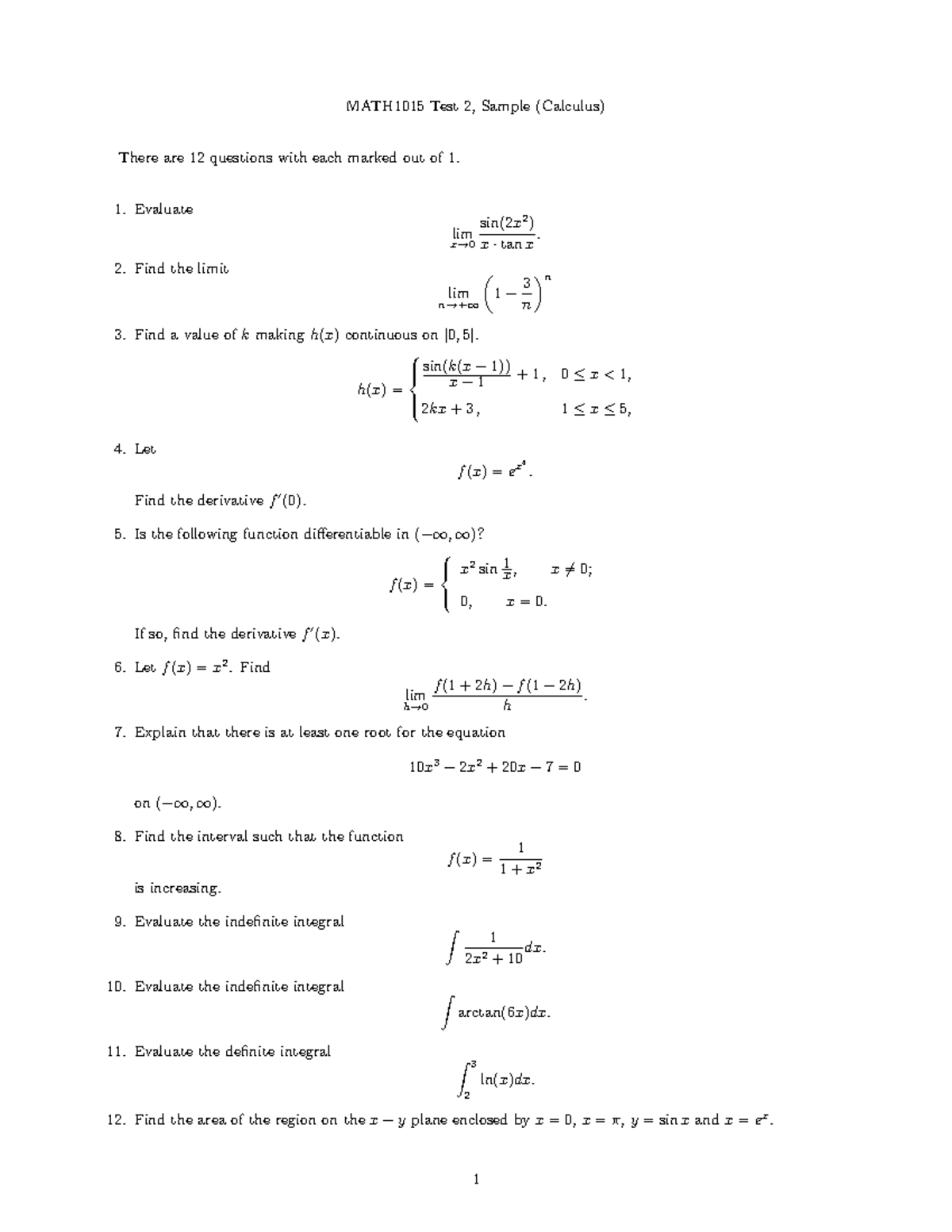 MATH1015 Sample Test2 - MATH1015 Test 2, Sample (Calculus) There are 12 ...