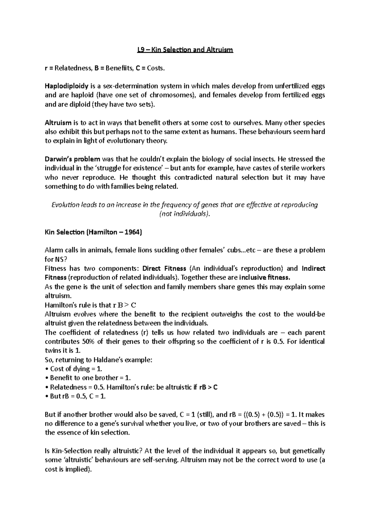 L9 - Kin Selection - Phil Collard/Ian Penton-Voak - L9 – Kin Selection ...