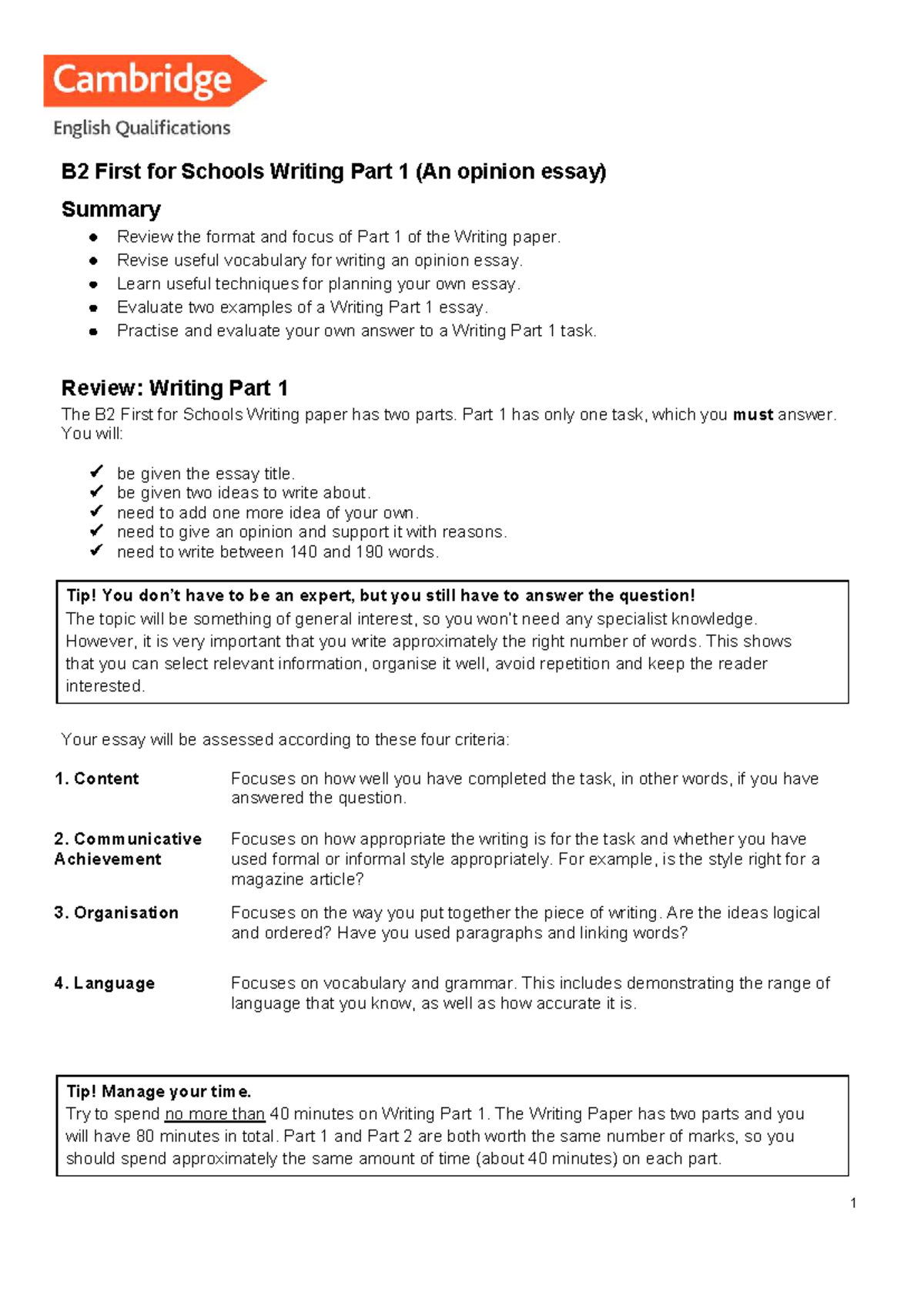 Part one essay writing practice - B2 First for Schools Writing Part 1 ...