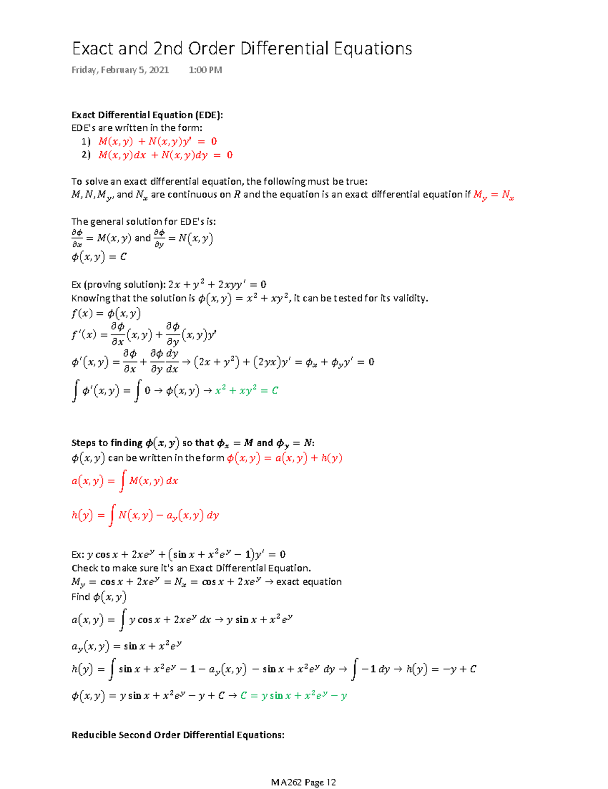 Exact and 2nd Order Differential Equations - Exact Differential ...