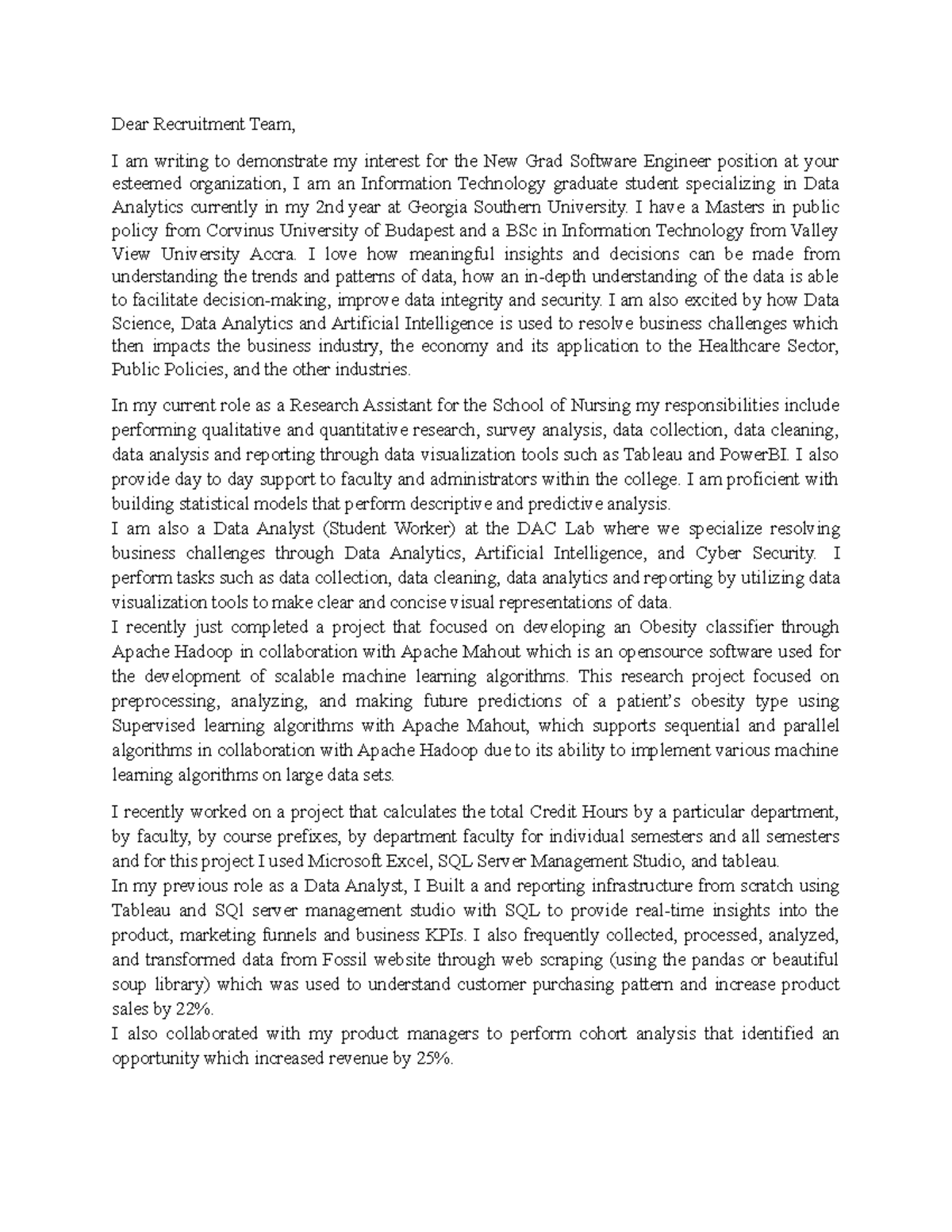 Cover Letter - ..... - Dear Recruitment Team, I am writing to ...