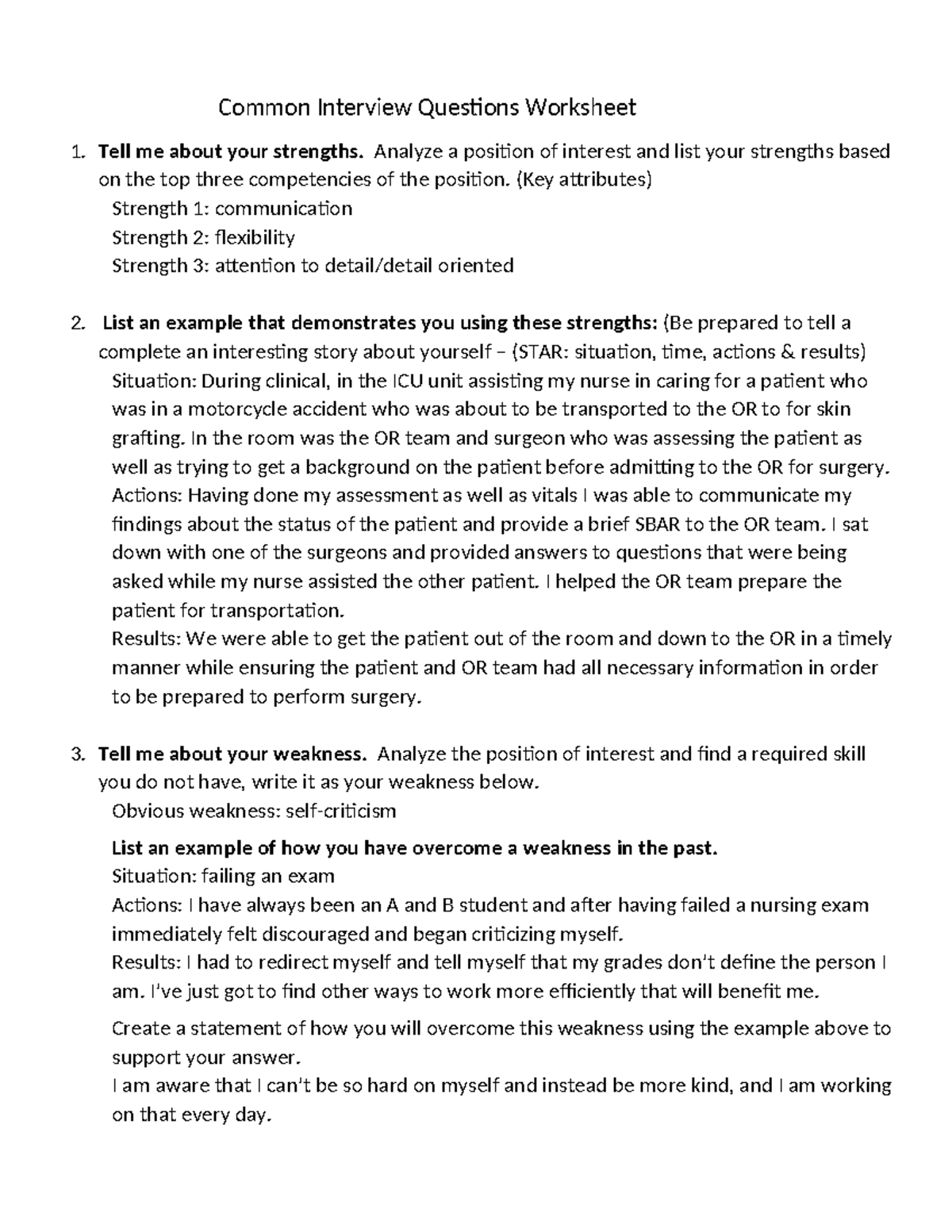 4-Common Interview Questions Worksheet - Tell me about your strengths ...