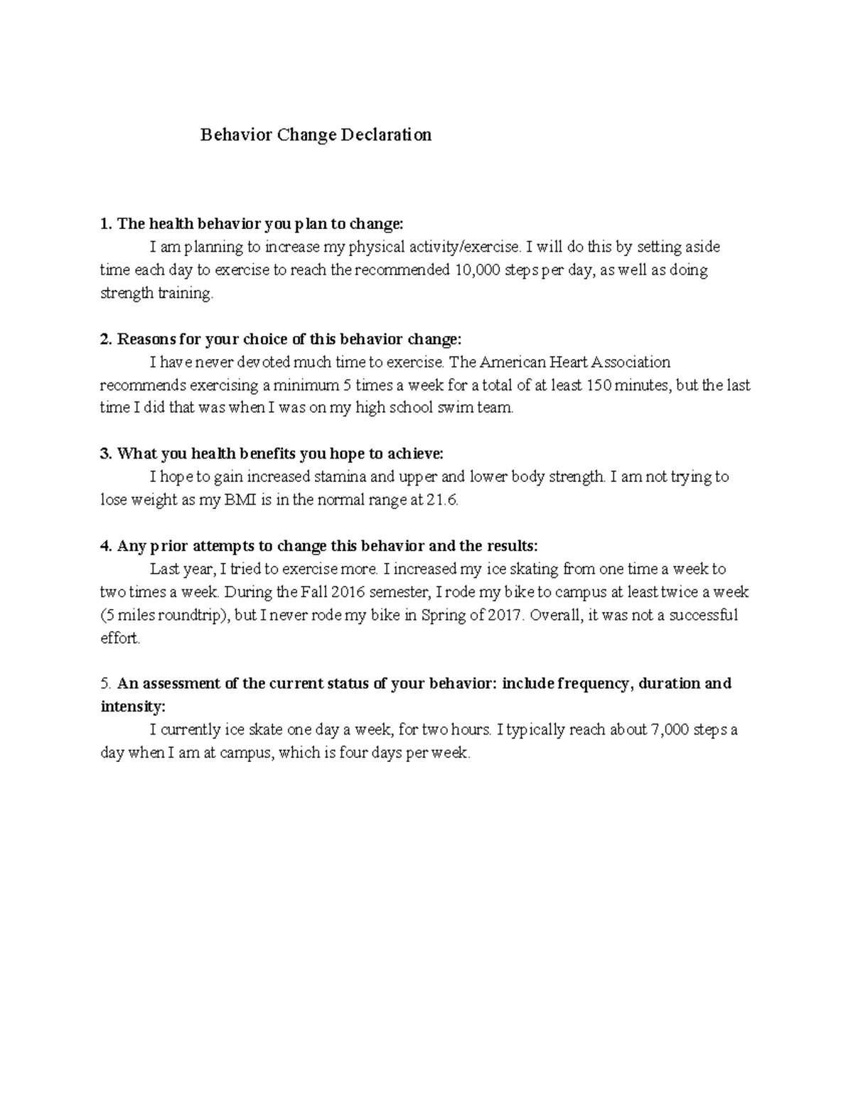 Behavior Change Declaration - Behavior Change Declaration The health ...