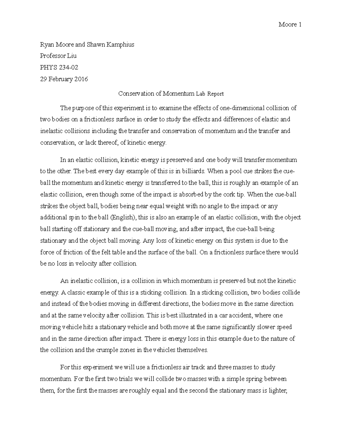 PHYS 234 Lab Report 5 Conservation of Momentum - Ryan Moore and Shawn ...