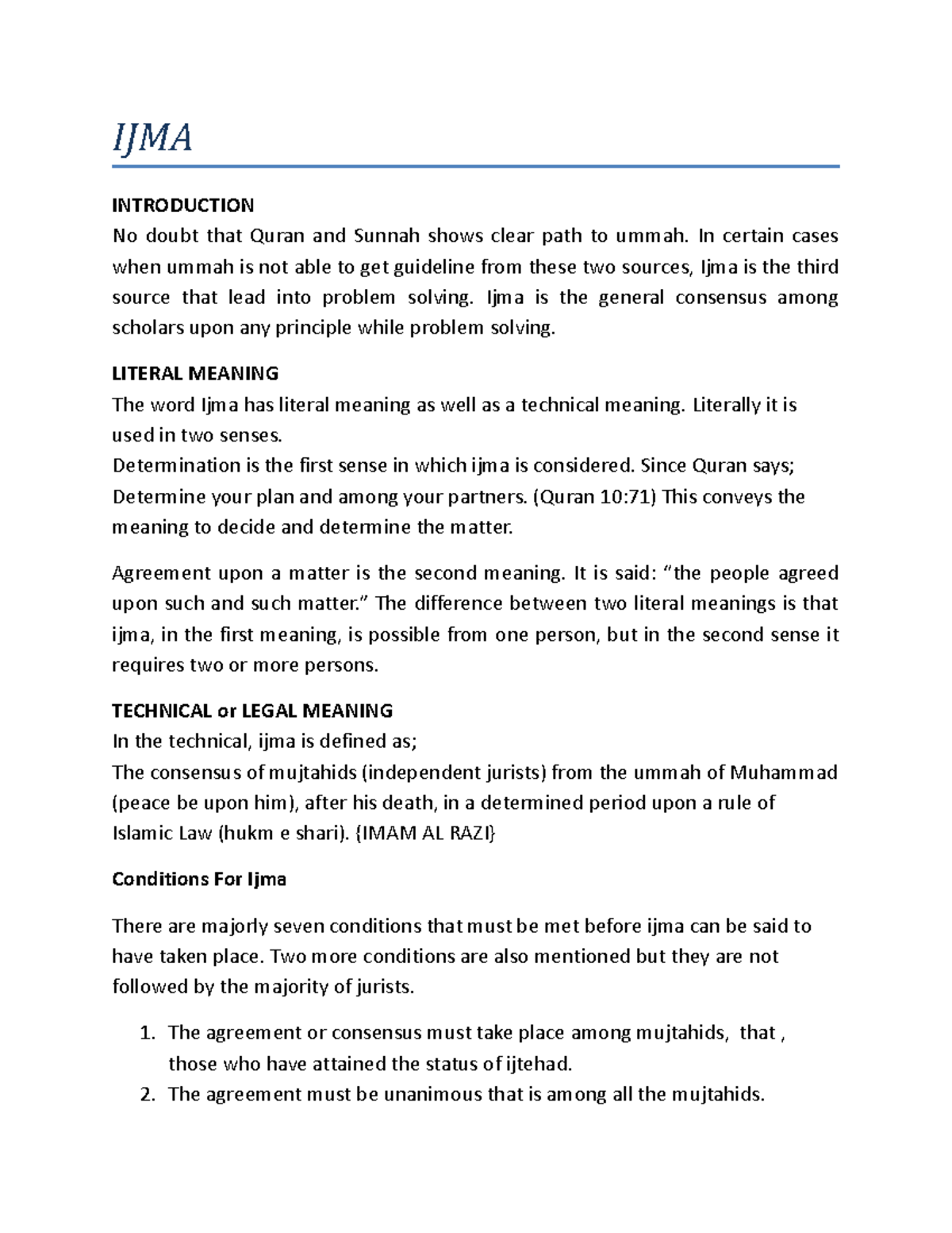 IJMA - IJMA INTRODUCTION No doubt that Quran and Sunnah shows clear ...