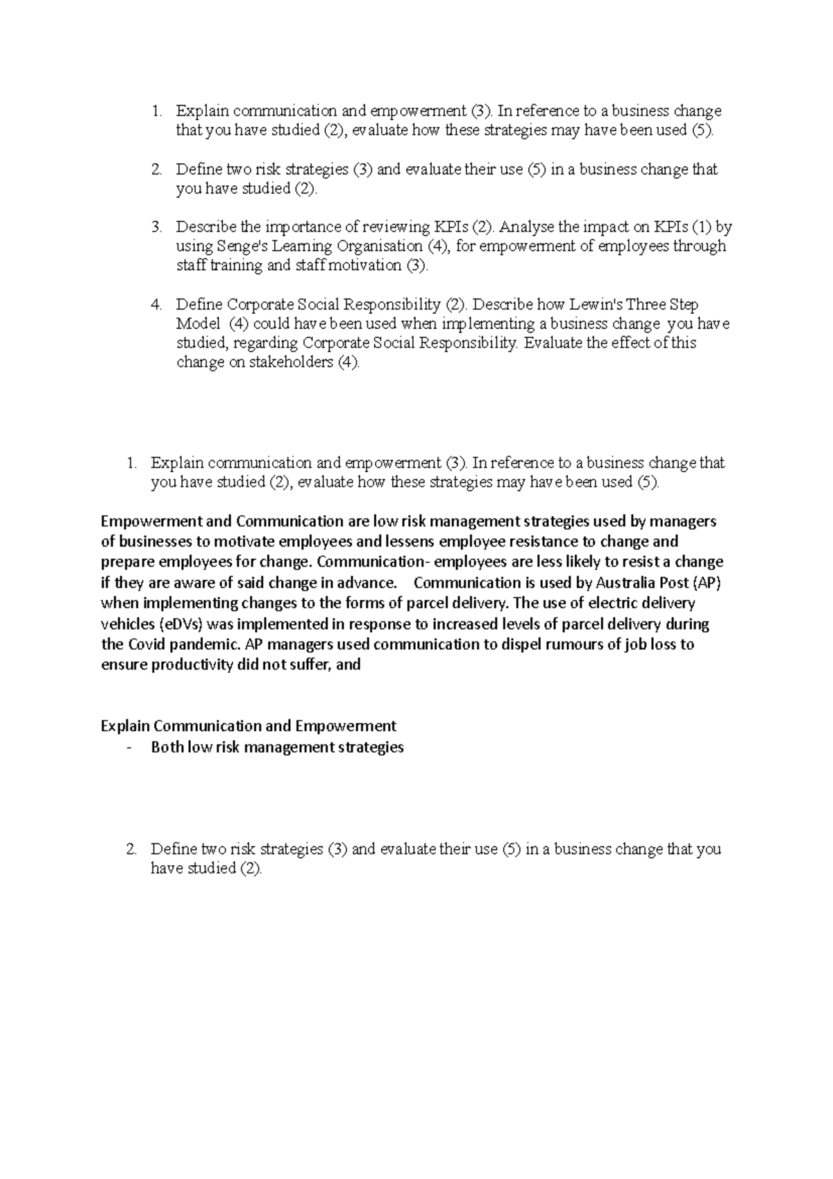 Business Management Unit 4 AOS 2 10 Mark Practice Questions - Explain ...