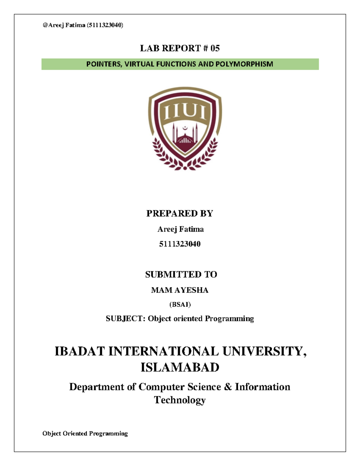 LAB 5 - lab report 05 ibadat international university subject oop - LAB REPORT # 05 POINTERS ...