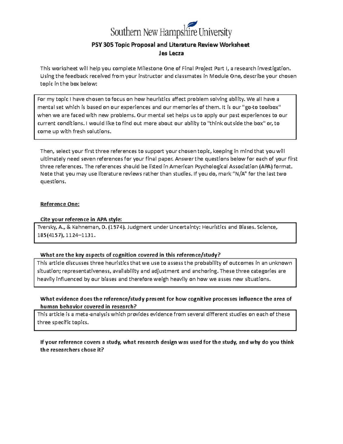 Psy 305 Milestone 2 2 Psy 305 Topic Proposal And Literature Review Worksheet Jes Lecza This