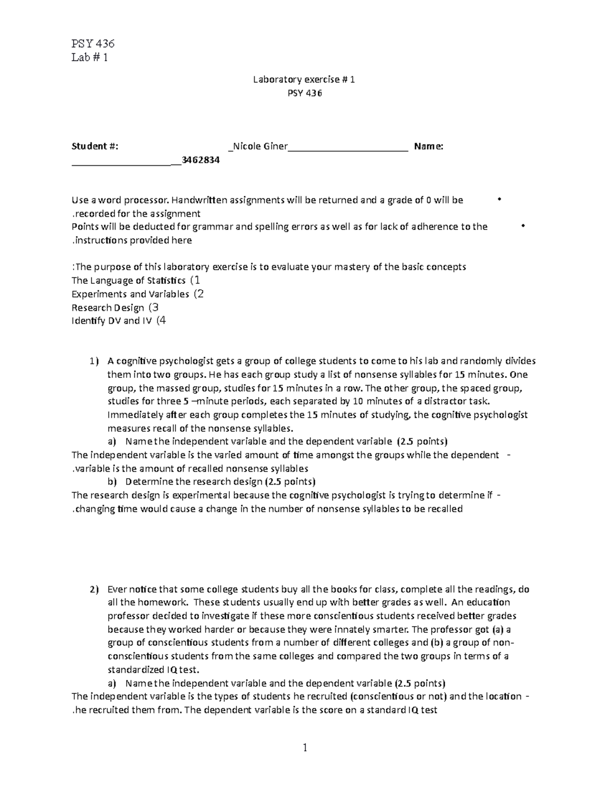 PSY 436 Lab exercise # 1-1-1 - PSY 436 Lab # 1 Laboratory exercise # 1 PSY 436 Student #: Nicole ...