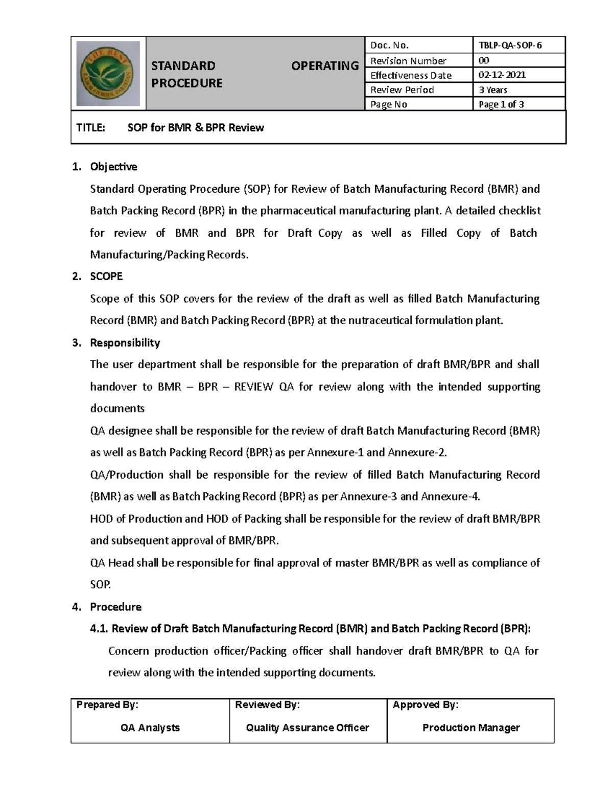 Sop For Bmr And Bpr Review Standard Operating Procedure Doc No Tblp Qa Sop Revision Number 00