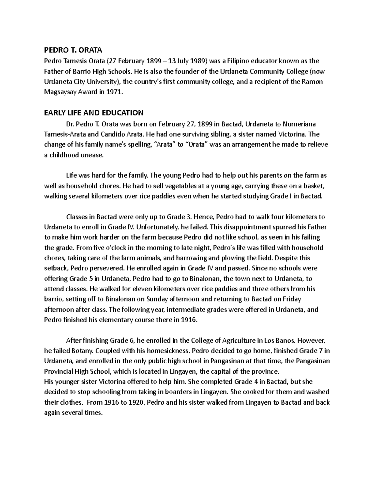 LIFE, Works, AND Legacy OF Orata - PEDRO T. ORATA Pedro Tamesis Orata ...