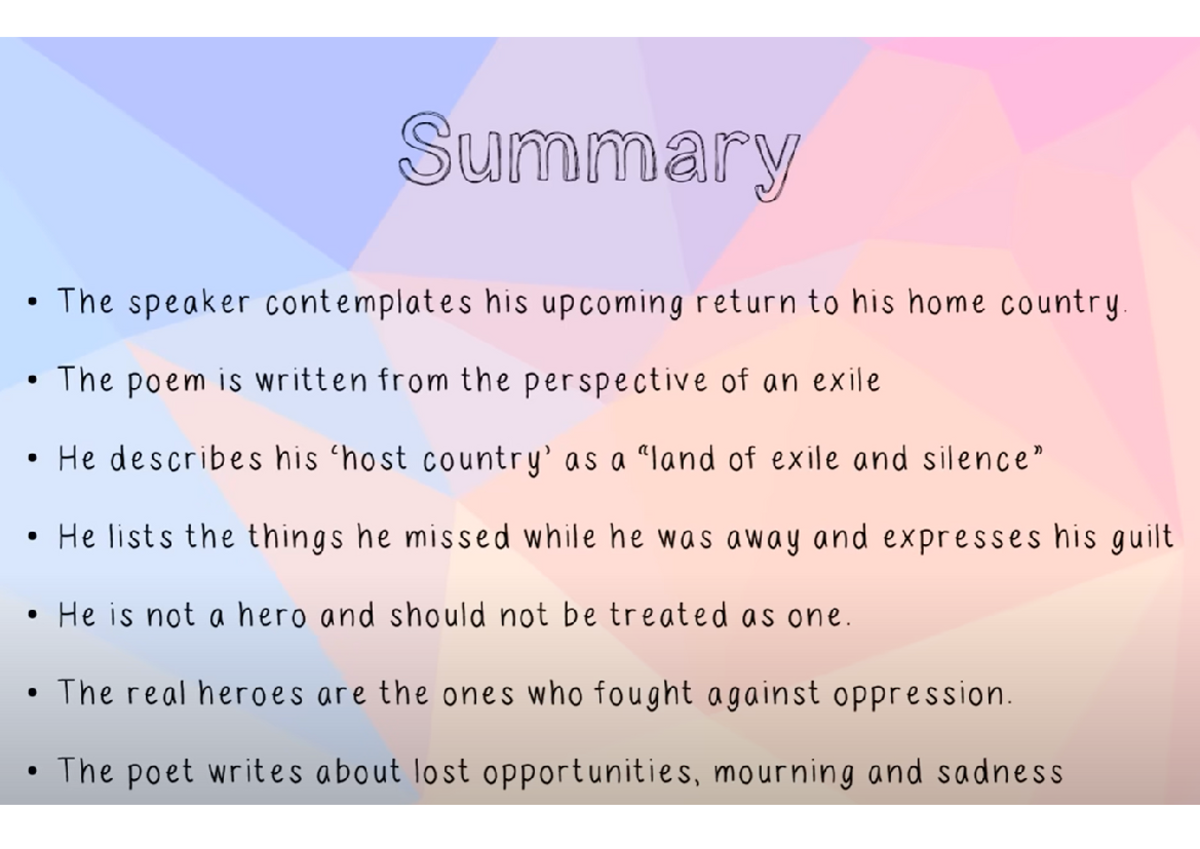 Poem of return - poems for grade 12 - Summary The speaker contemplates ...
