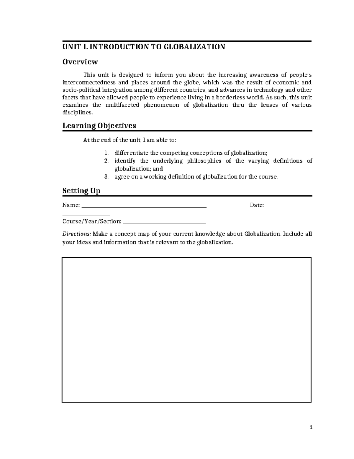 GEN ED 3 Module - UNIT I. INTRODUCTION TO GLOBALIZATION Overview This ...