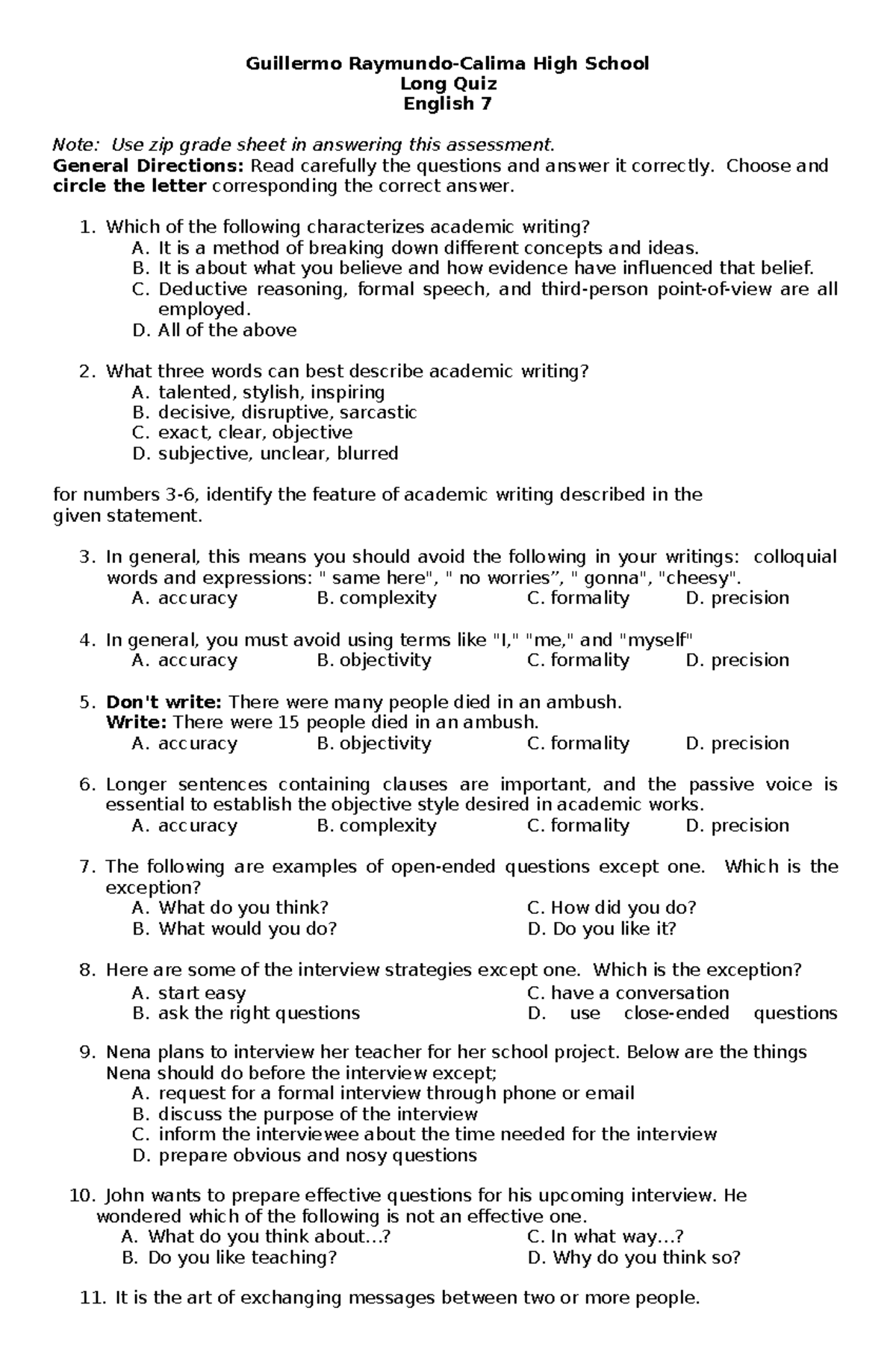 Long quiz grade 7 - LONG QUIZ - Guillermo Raymundo-Calima High School ...