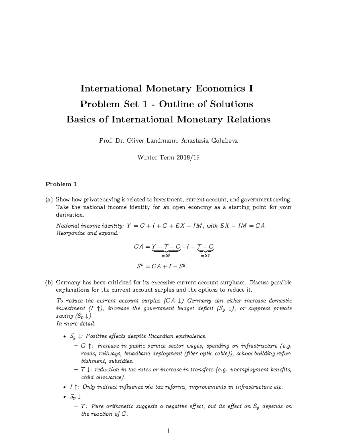Problem Set 1 - Solutions - International Monetary Economics I Problem ...