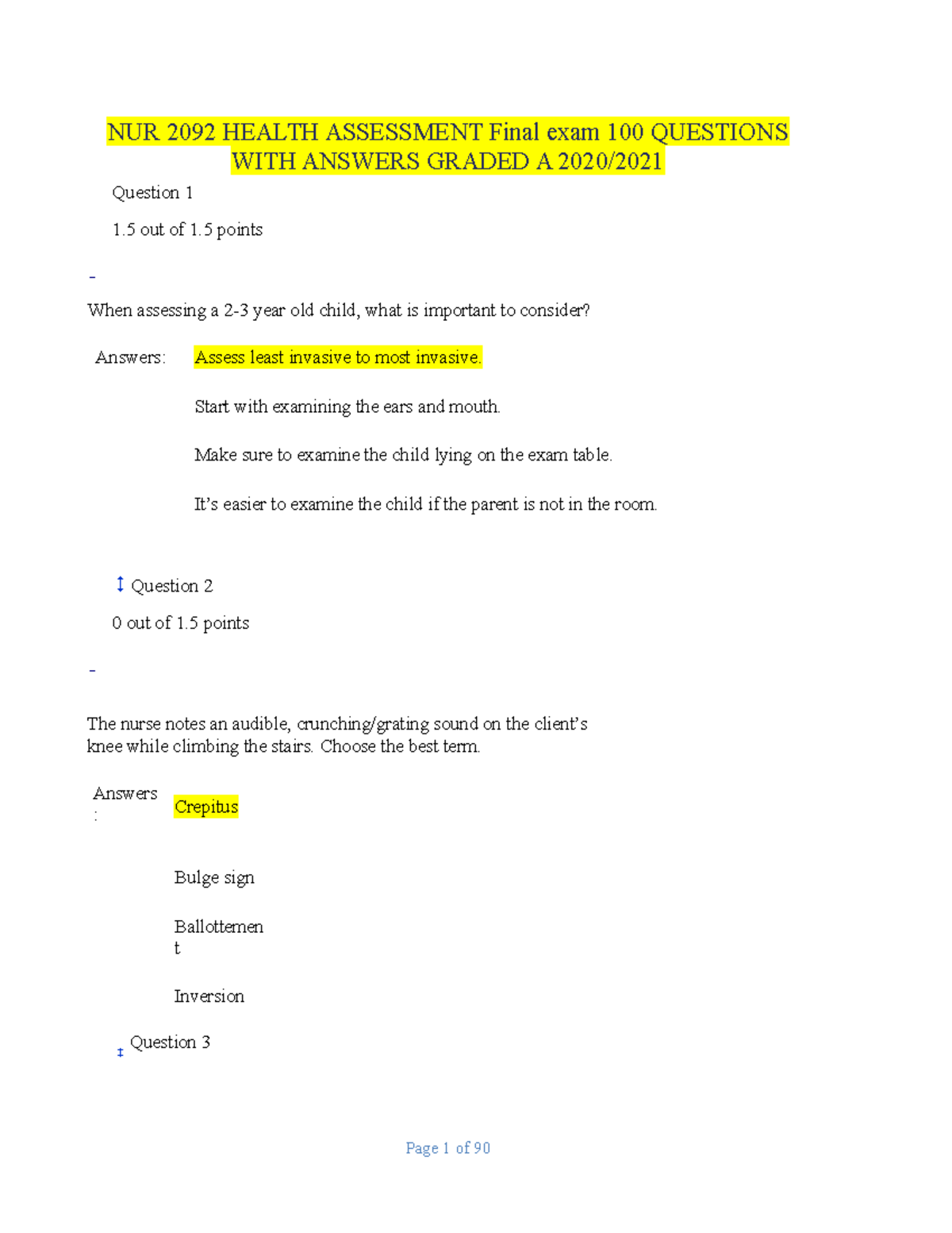 Final exam health assessment - NUR 2092 HEALTH ASSESSMENT Final exam ...