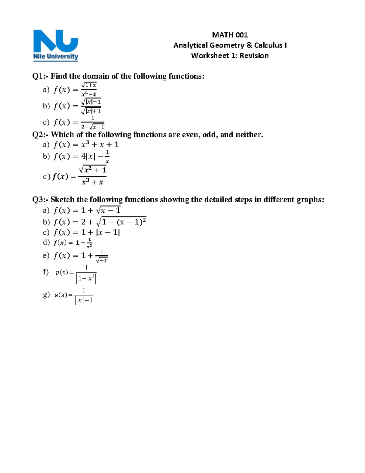 Math 001 Worksheet 1 - MATH 001 Analytical Geometry & Calculus I ...