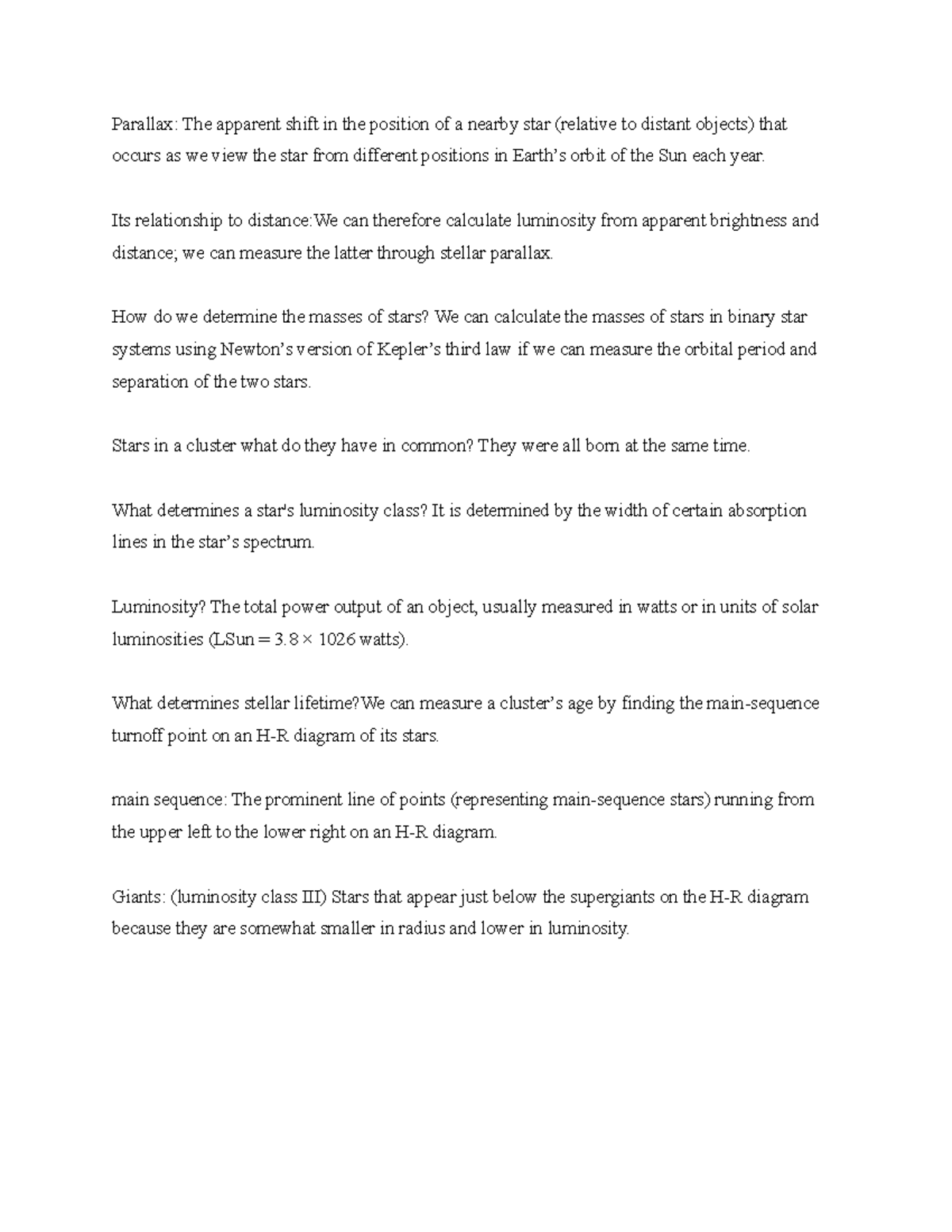 Astronomy chp 12 pt2 - Study guide - Parallax: The apparent shift in ...