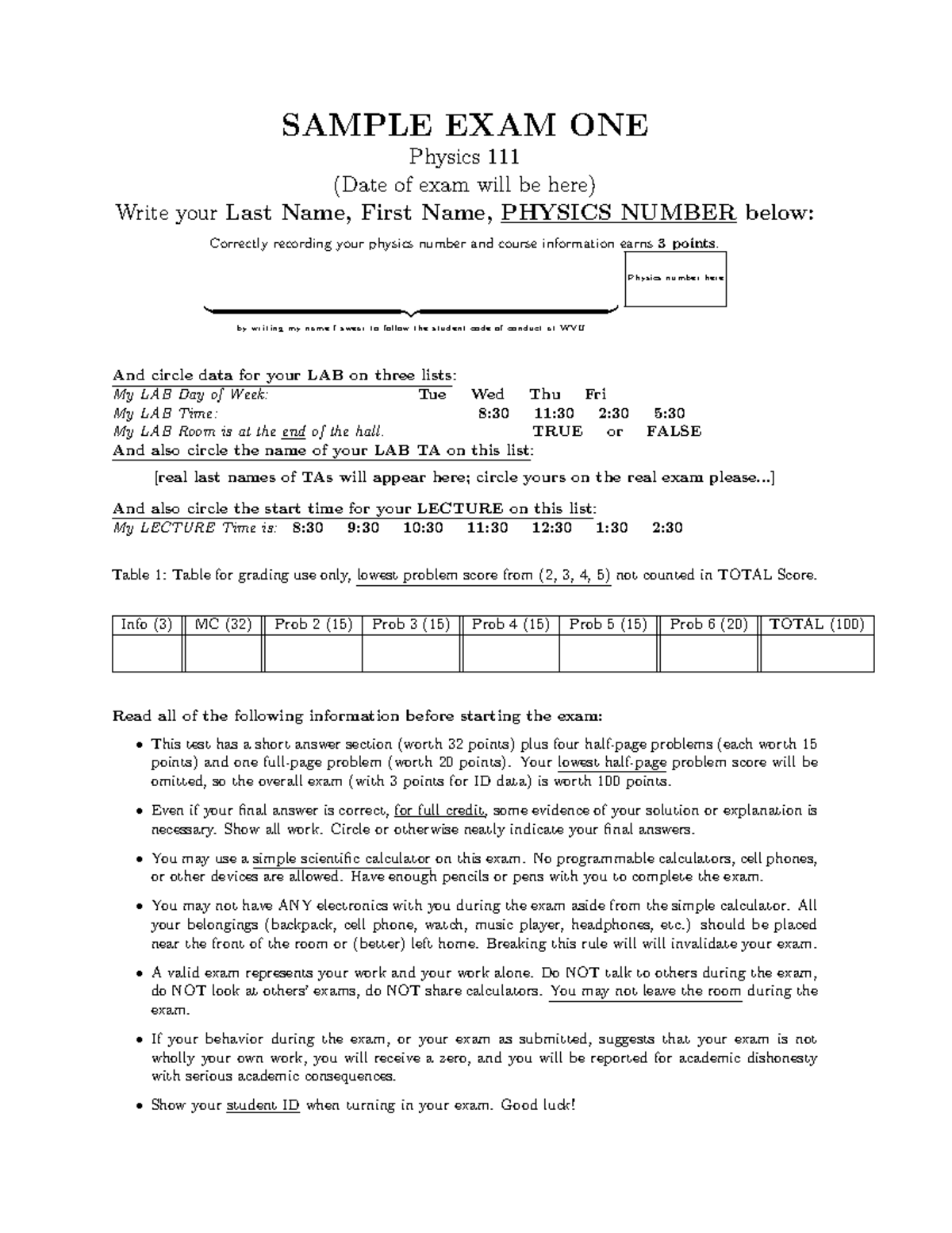 Sample EXAM 01Collated - SAMPLE EXAM ONE Physics 111 (Date of exam will ...