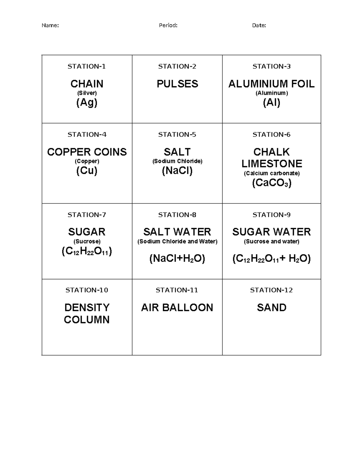 Classifying Matter Activity-1 - Name: Period: Date: STATION- CHAIN ...