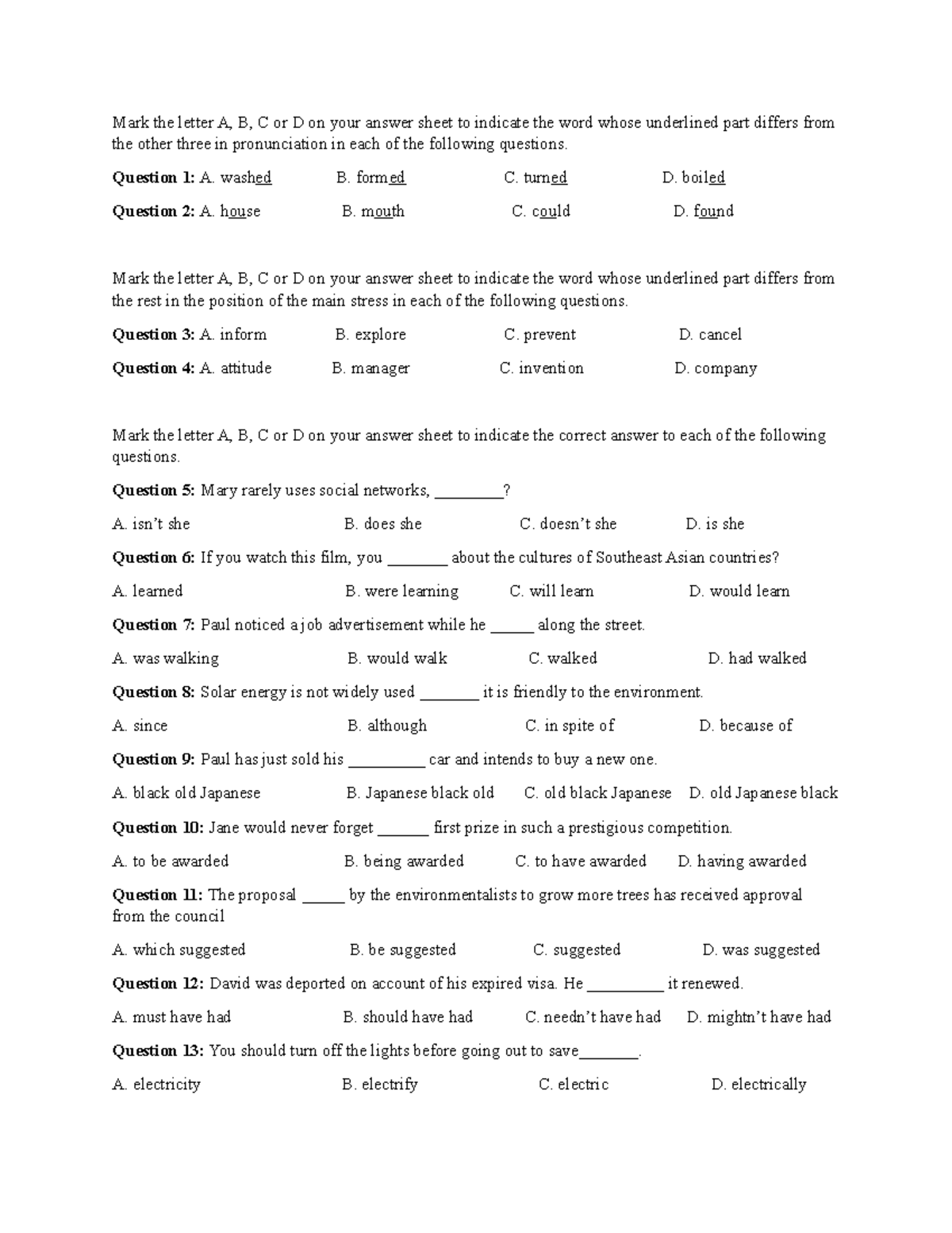Test 11 - dkwqlle;q, - Mark the letter A, B, C or D on your answer ...