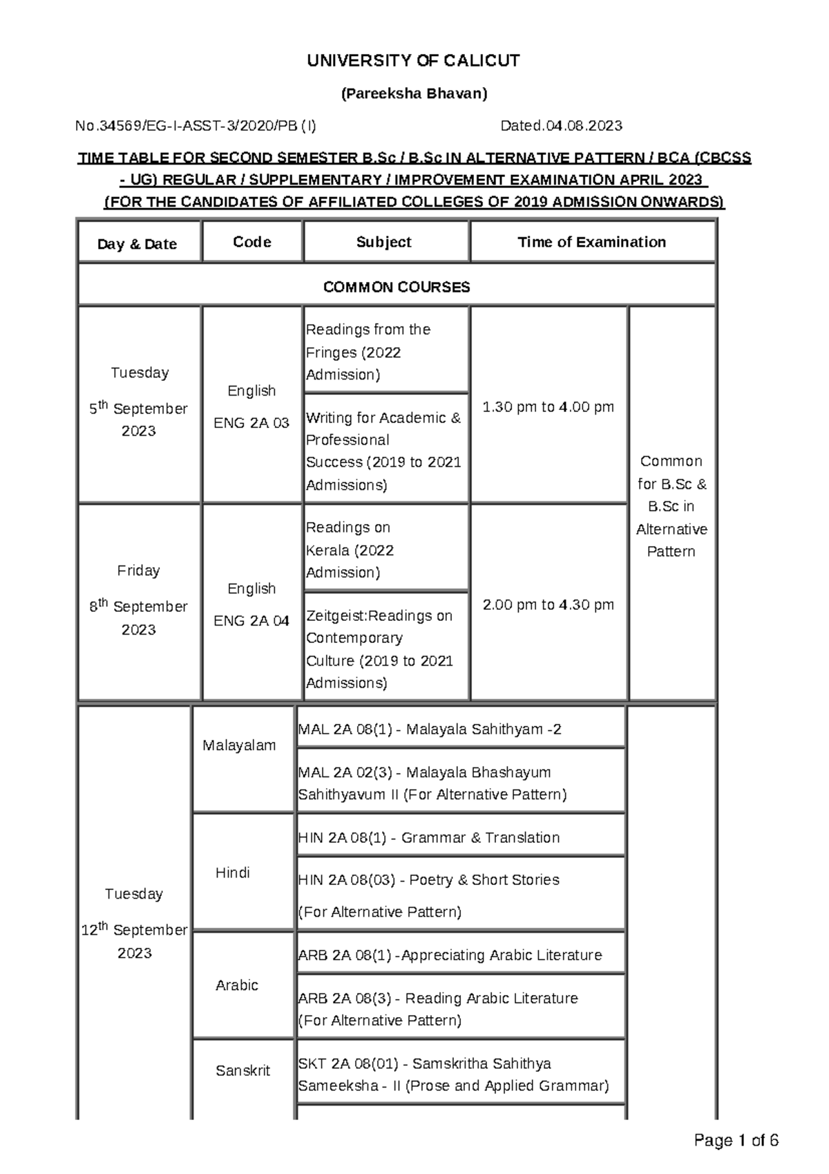 2 Semester Exam Time Table University Of Calicut Pareeksha Bhavan Noeg I Asst 32020pb I 
