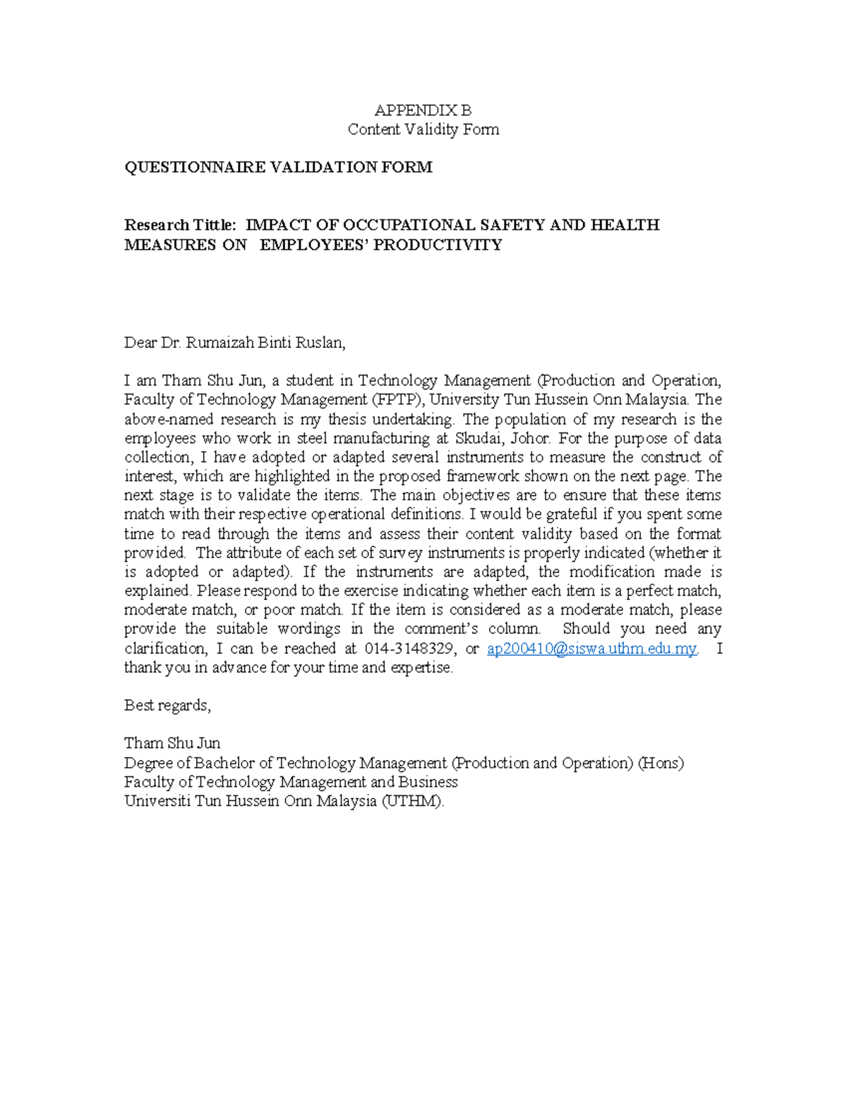 交这个question 123 last！ - APPENDIX B Content Validity Form QUESTIONNAIRE ...