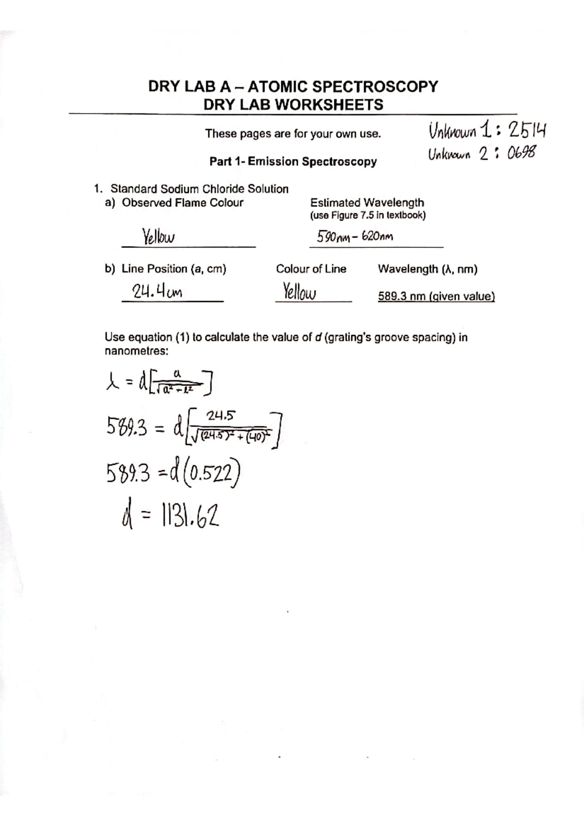 DRY LAB A - ATOMIC SPECTROSCOPY DRY LAB WORKSHEETS - Unknown 1: 2514 ...