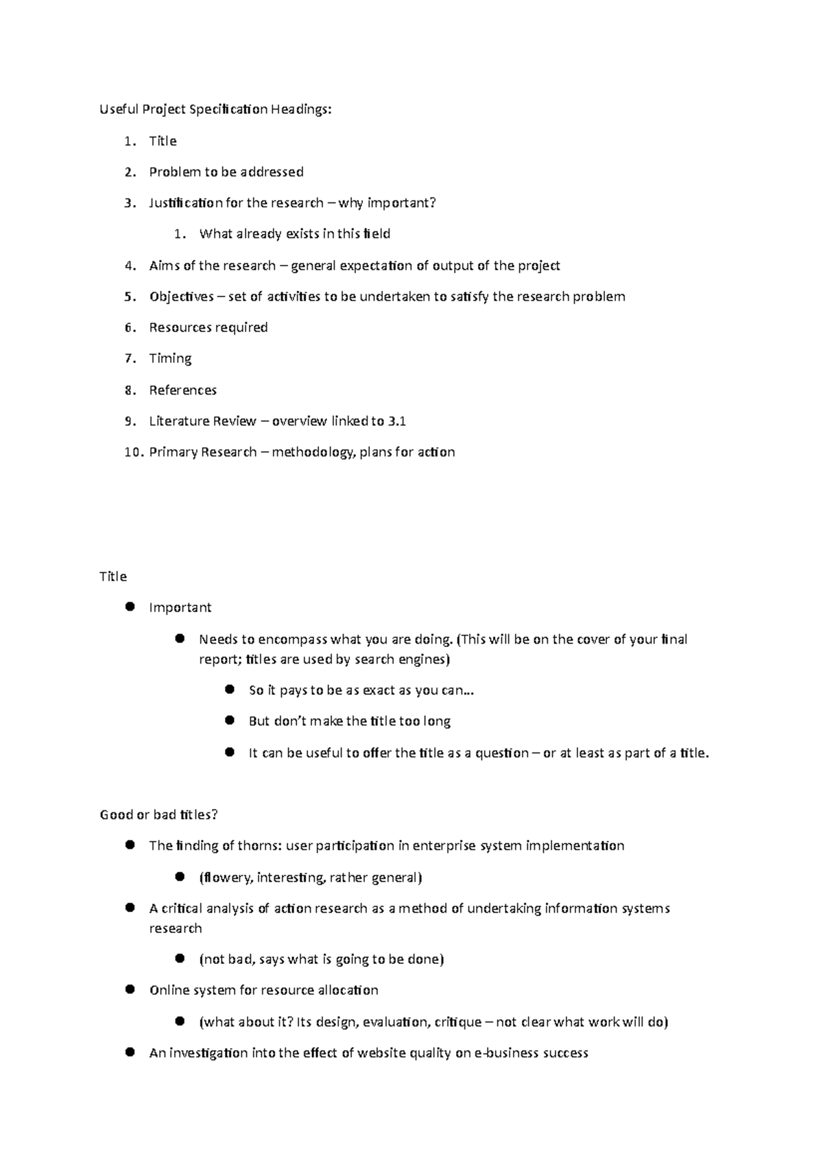 Specifying a Project - Useful Project Specification Headings: Title ...
