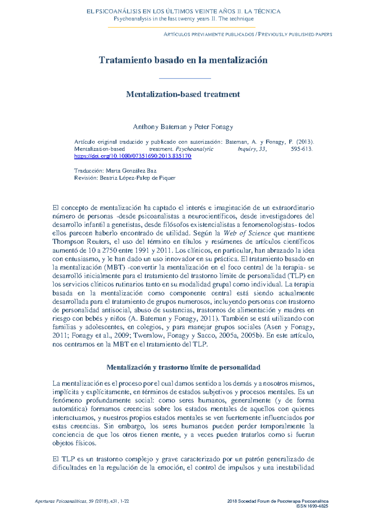 Bateman y Fonagy. Tratamiento basado en la mentalización - EL ...