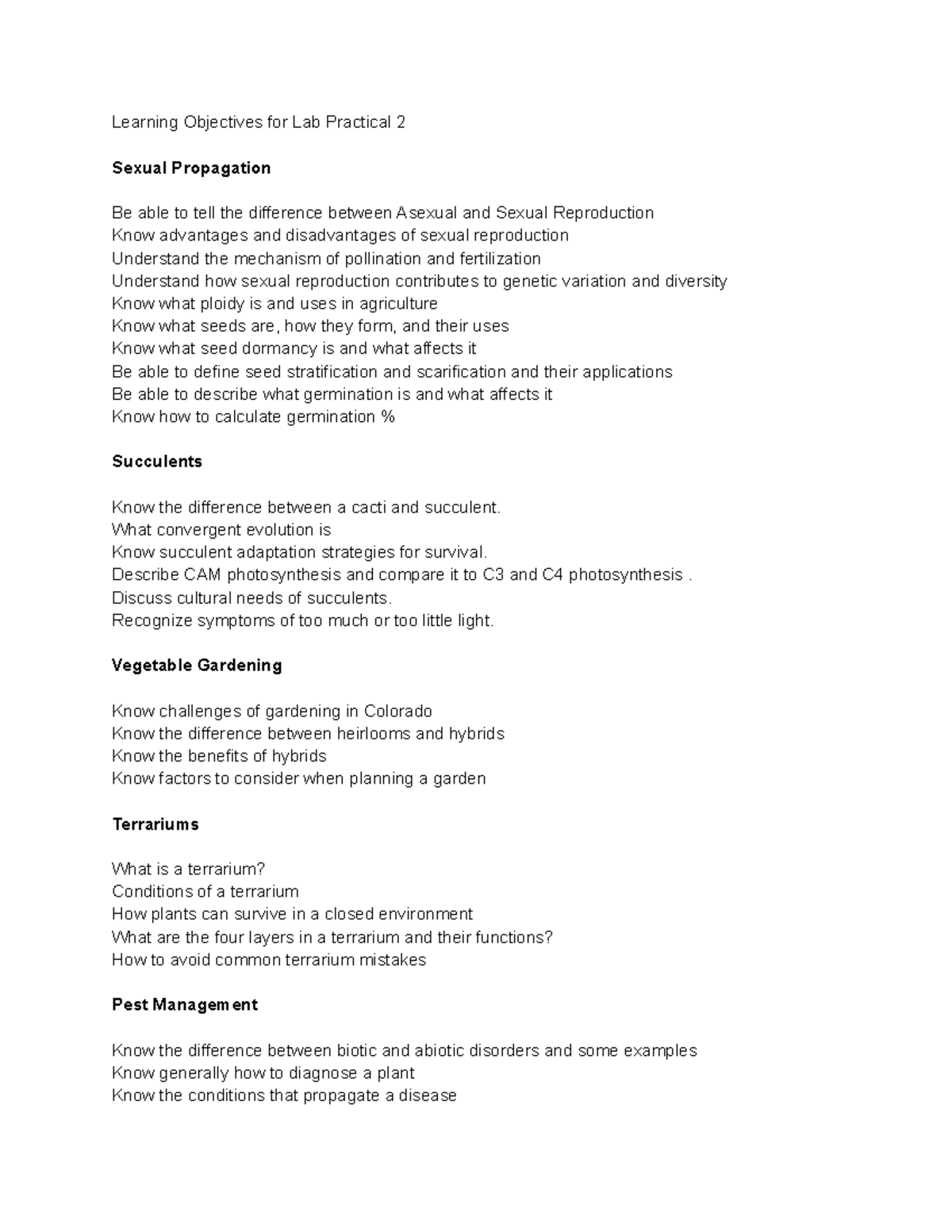 HORT100 practical 2 study guide - Learning Objectives for Lab Practical ...