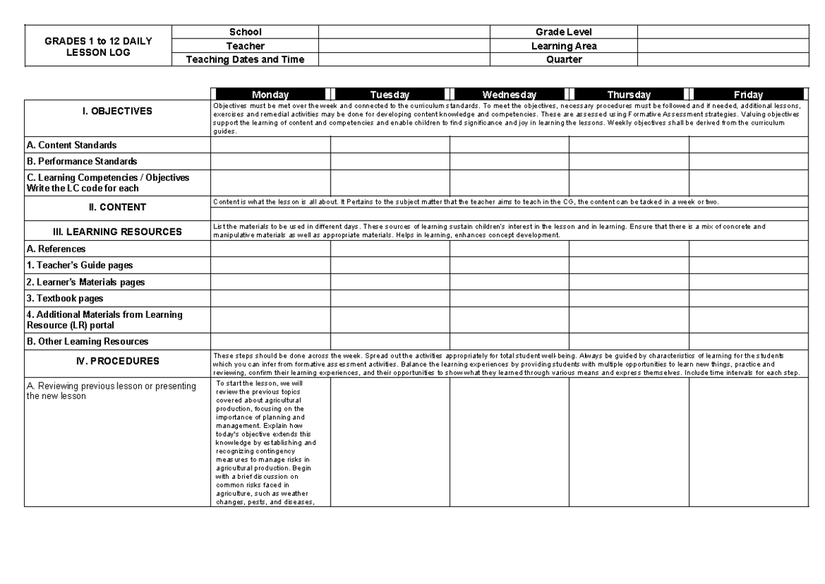Daily lesson log - none - GRADES 1 to 12 DAILY LESSON LOG School Grade ...