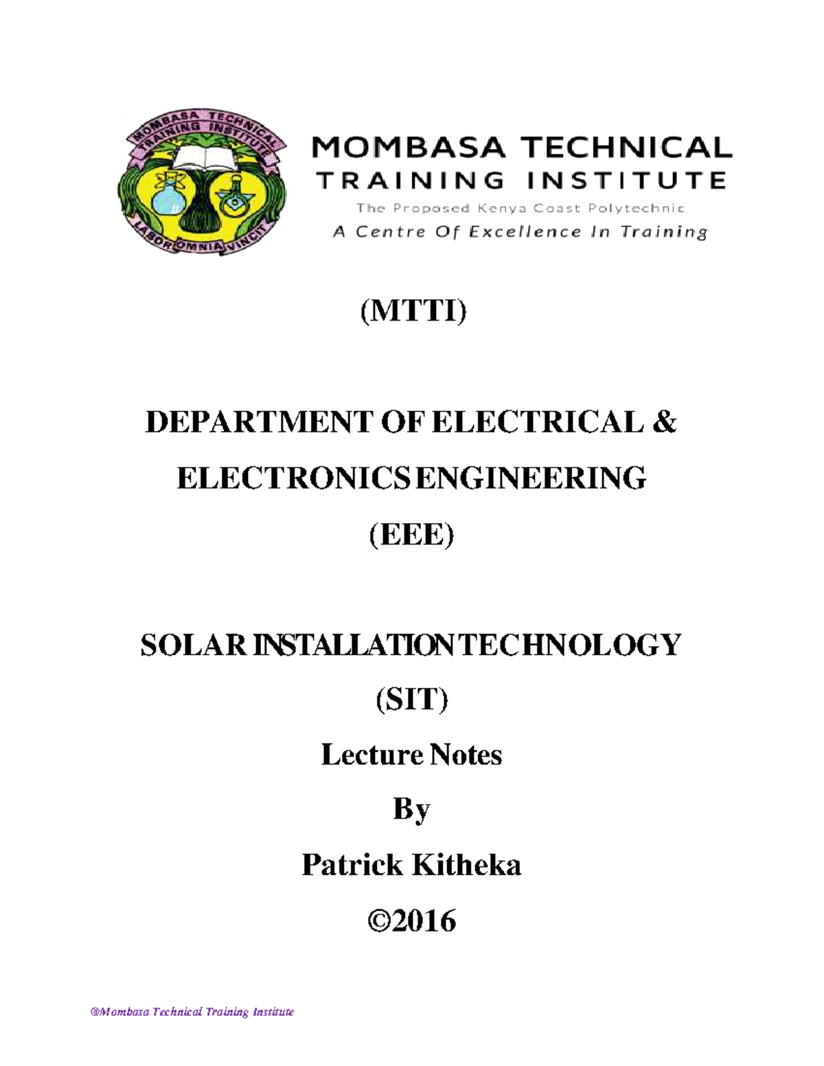Solar Installation Technology - @Mombasa Technical Training Institute (MTTI) DEPARTMENT OF - Studocu