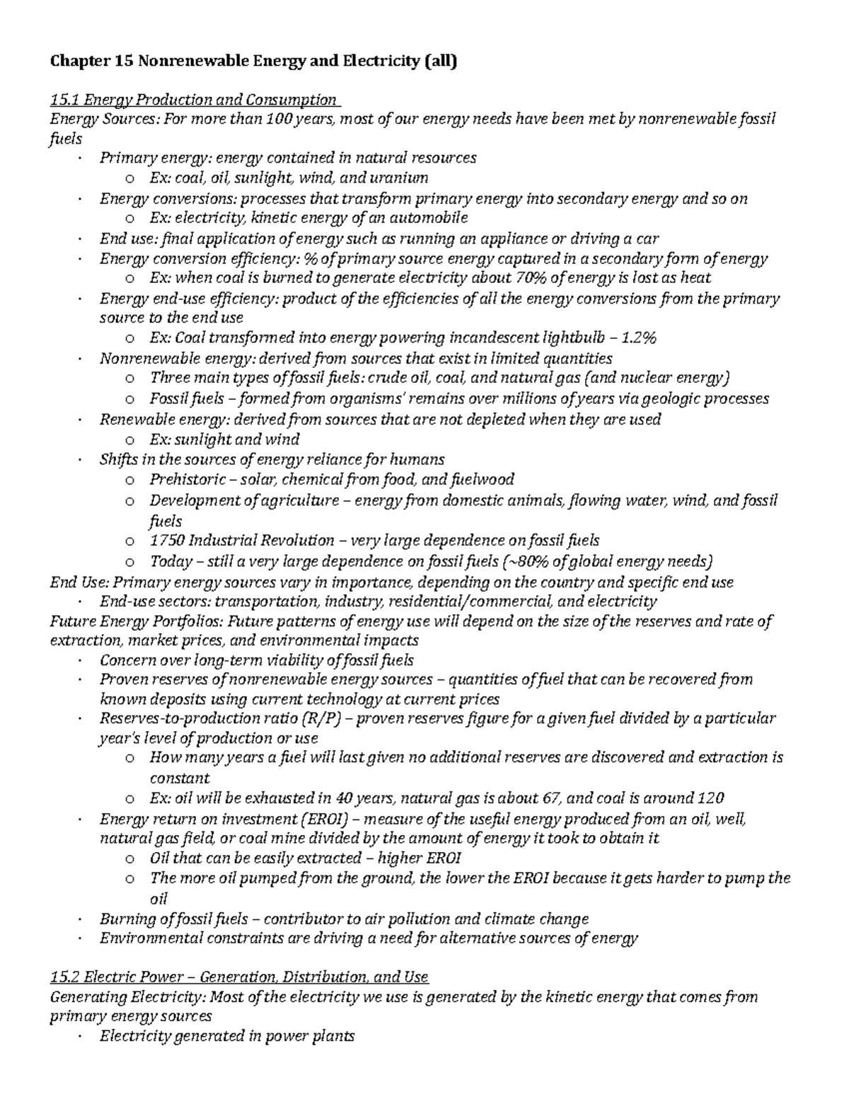 Chapter 15 (textbook) Notes All - Chapter 15 Nonrenewable Energy and ...