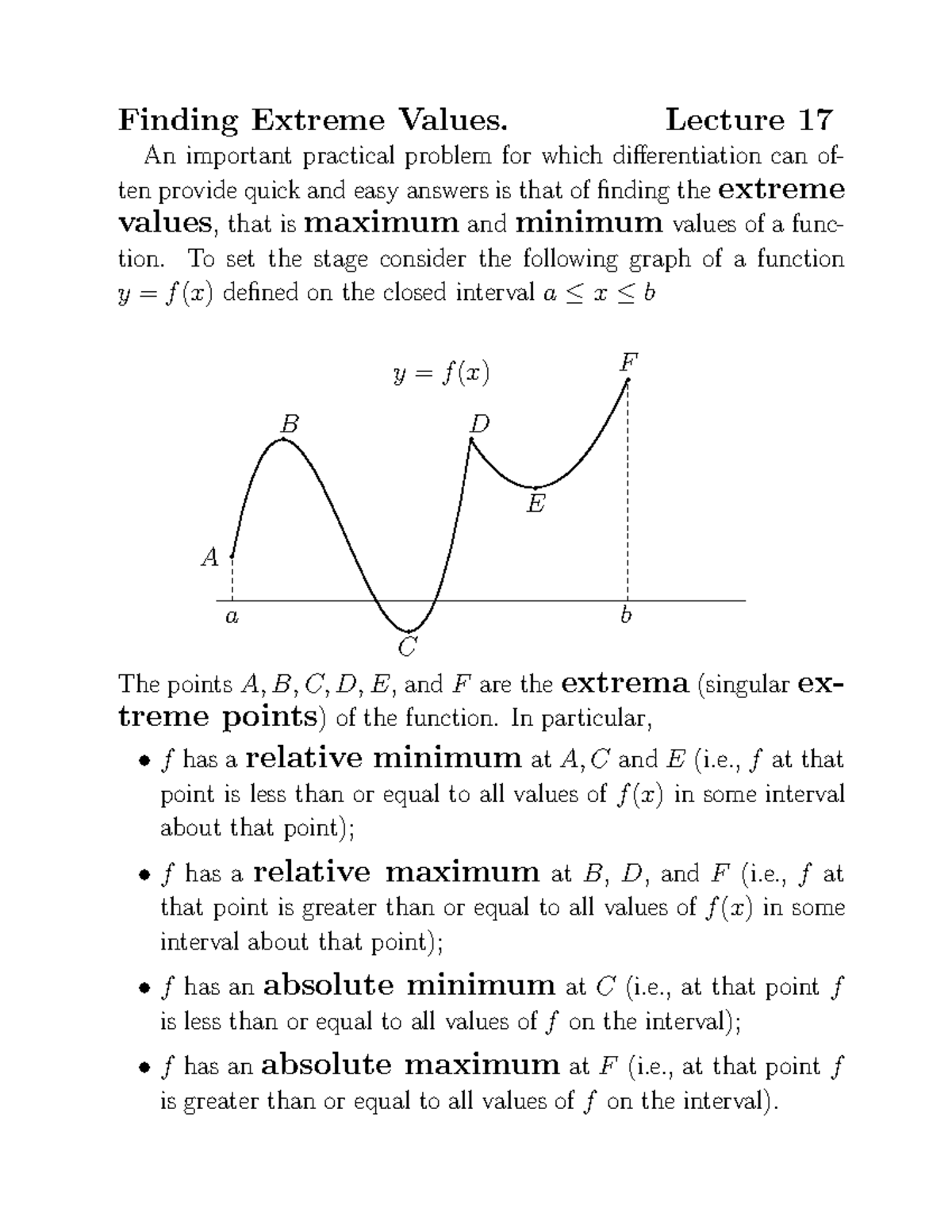 Lecture 17 - Lol - Finding Extreme Values. Lecture 17 An important ...