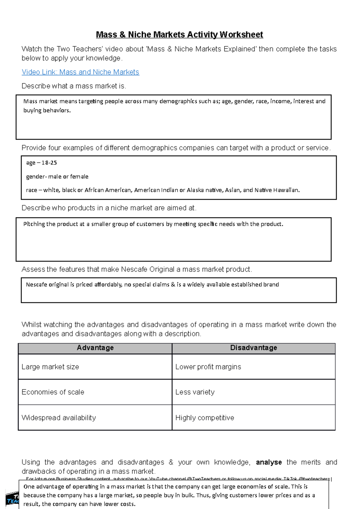 Niche and Mass market - paper - Mass & Niche Markets Activity Worksheet ...