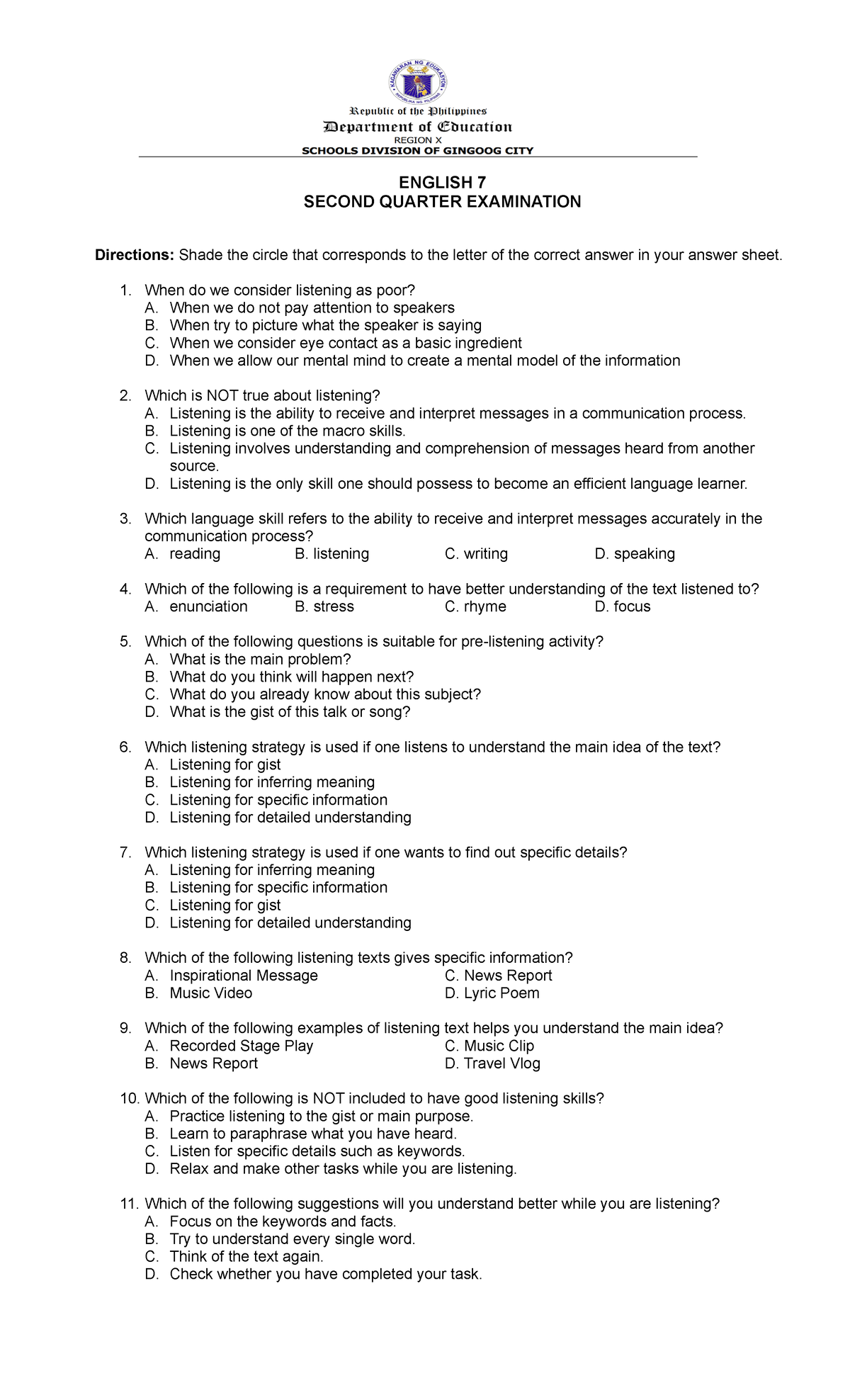 English TEST Questions G7 Q2 - ENGLISH 7 SECOND QUARTER EXAMINATION ...