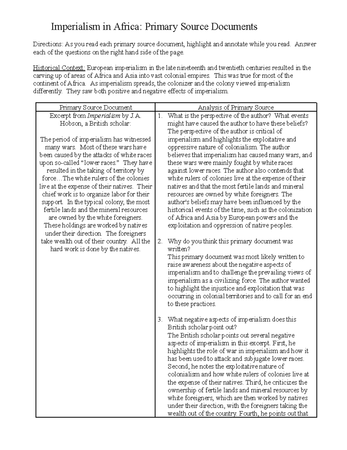 AP World History African Imperialism Primary Source Document Analysis ...