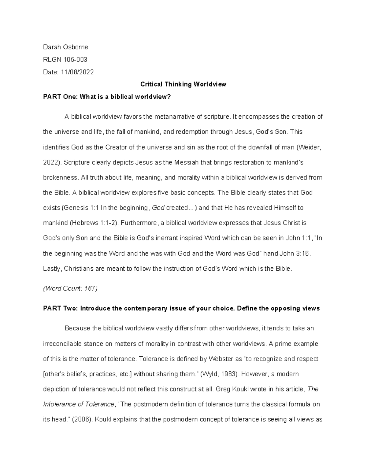 RLGN 105 Worldview Essay - Darah Osborne RLGN 105- Date: 11/08 ...