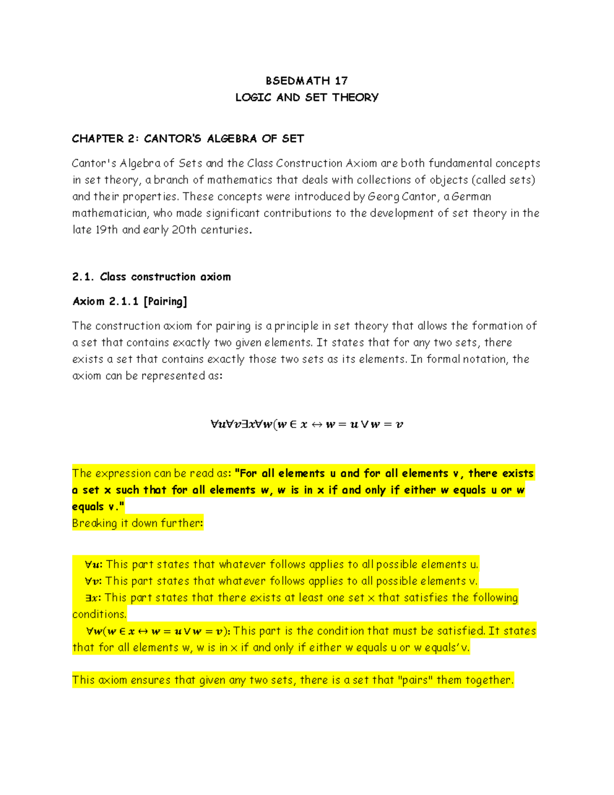 Bsedmath 17 chapter 2 - For lecture - BSEDMATH 17 LOGIC AND SET THEORY CHAPTER 2: CANTOR’S ...