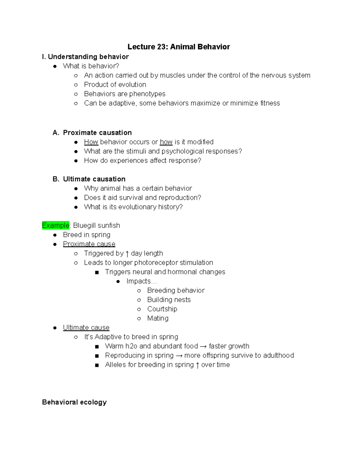 General Bio Lecture Notes 23-26 - Lecture 23: Animal Behavior l ...